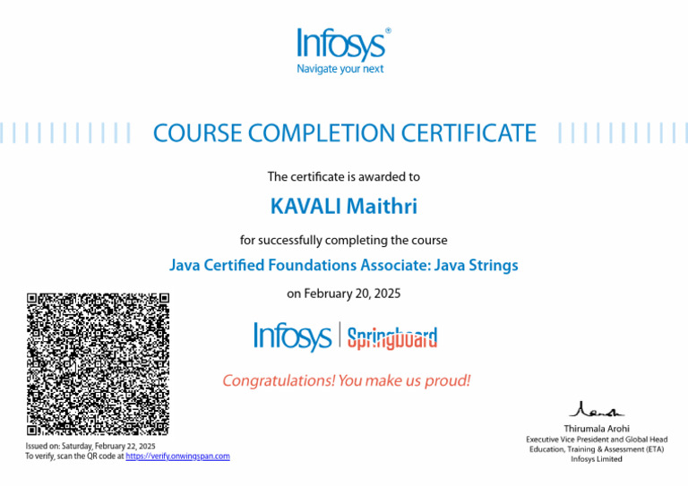 Java Strings Certificate Infosys My3 | PDF
