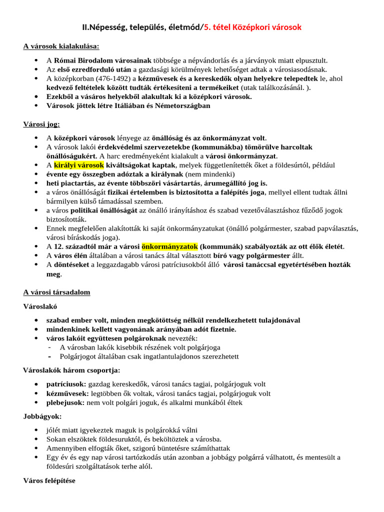 Tétel. Középkori Városok | PDF
