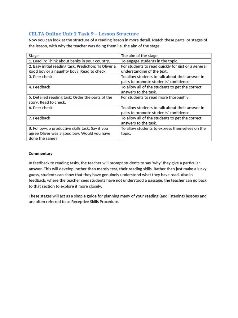 CELTA Online Unit 2 Task 9 - Lesson Structure | PDF