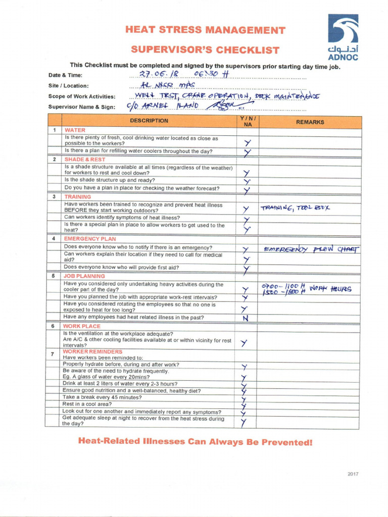 Al Nisr Heat Stress Check Lists 27.06.18 | PDF