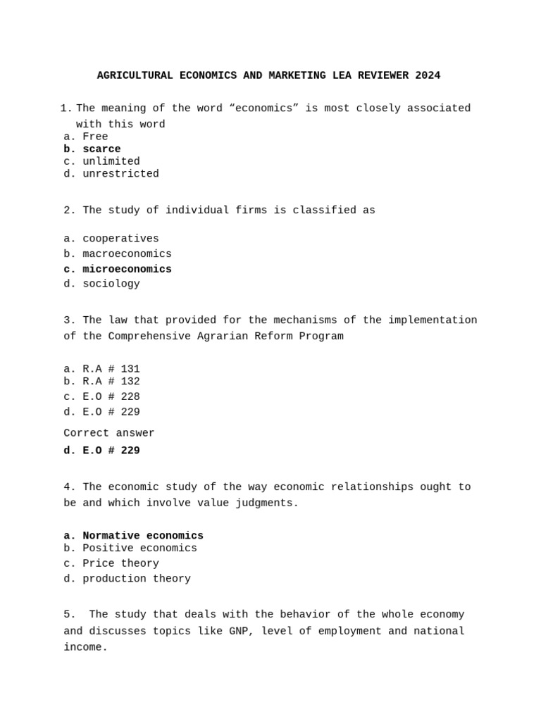 Agricultural Economics and Marketing Lea Reviewer 2024 | PDF | Elasticity (Economics) | Demand