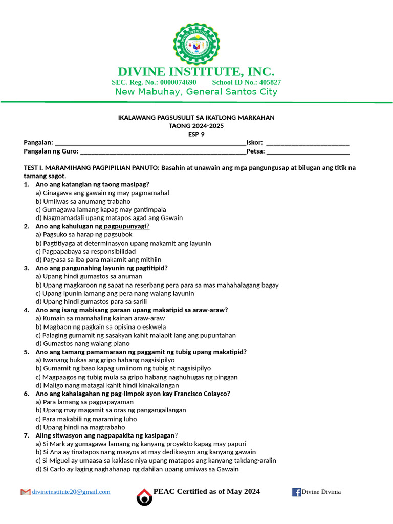 Esp 9 3RD Grading Post-Test | PDF