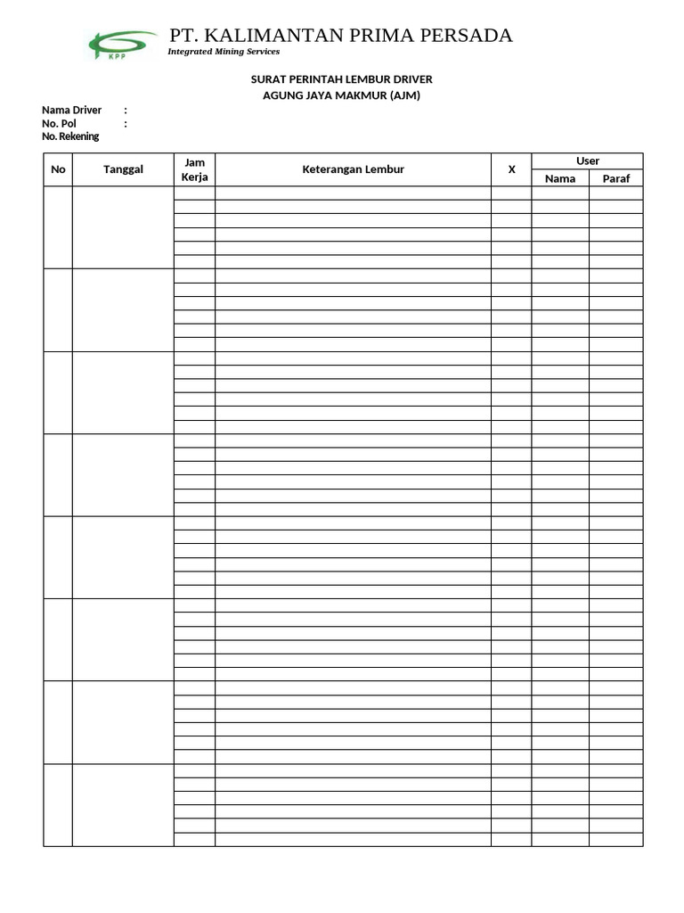 A4 SURAT PERINTAH LEMBUR DRIVER (1) | PDF