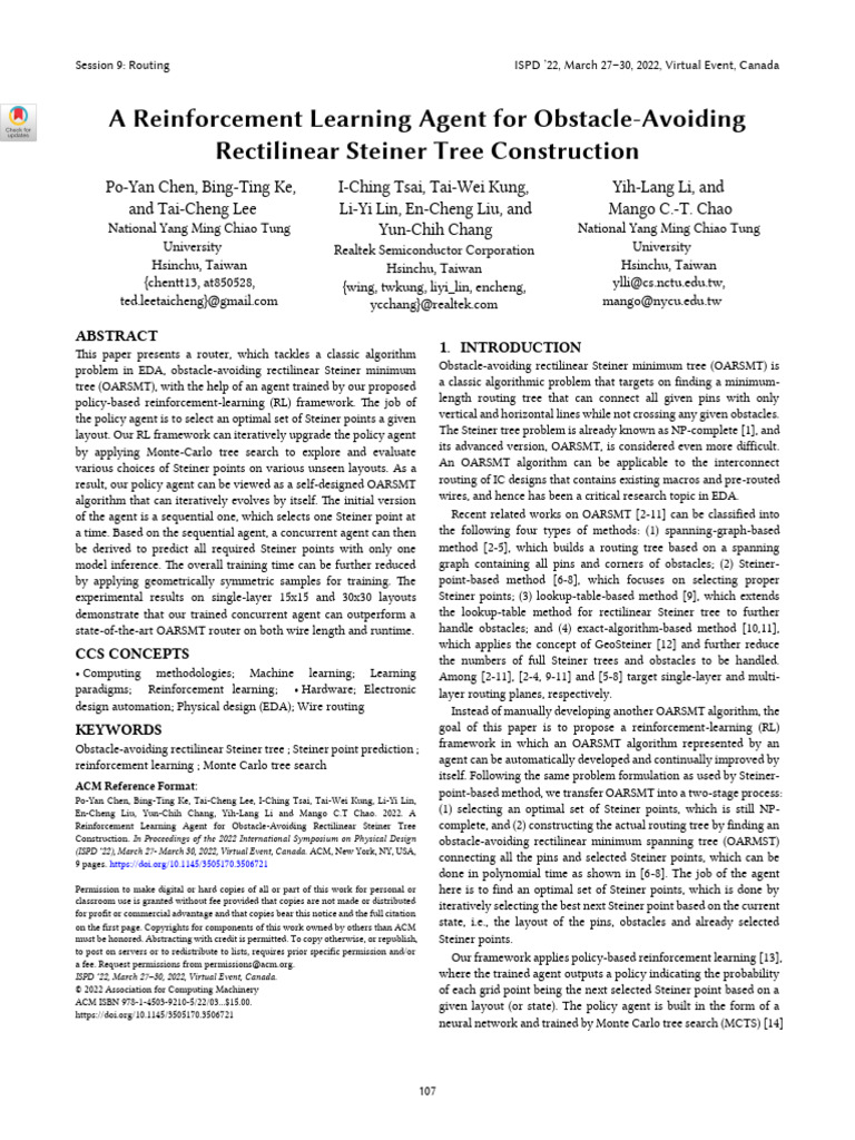 Chen Et Al. - 2022 - A Reinforcement Learning Agent For Obstacle-Avoiding Rectilinear Steiner ...