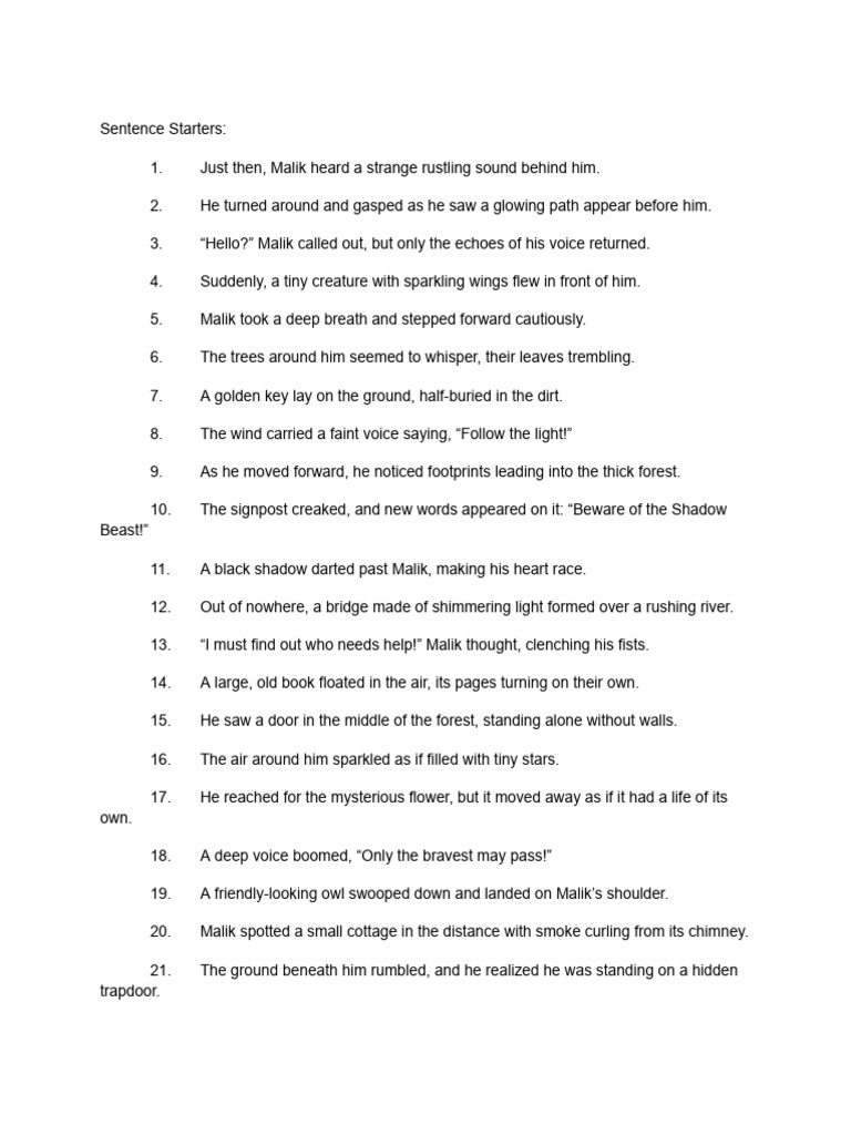 Fantasy Fiction Unit 4 (Sentence Starters) | PDF