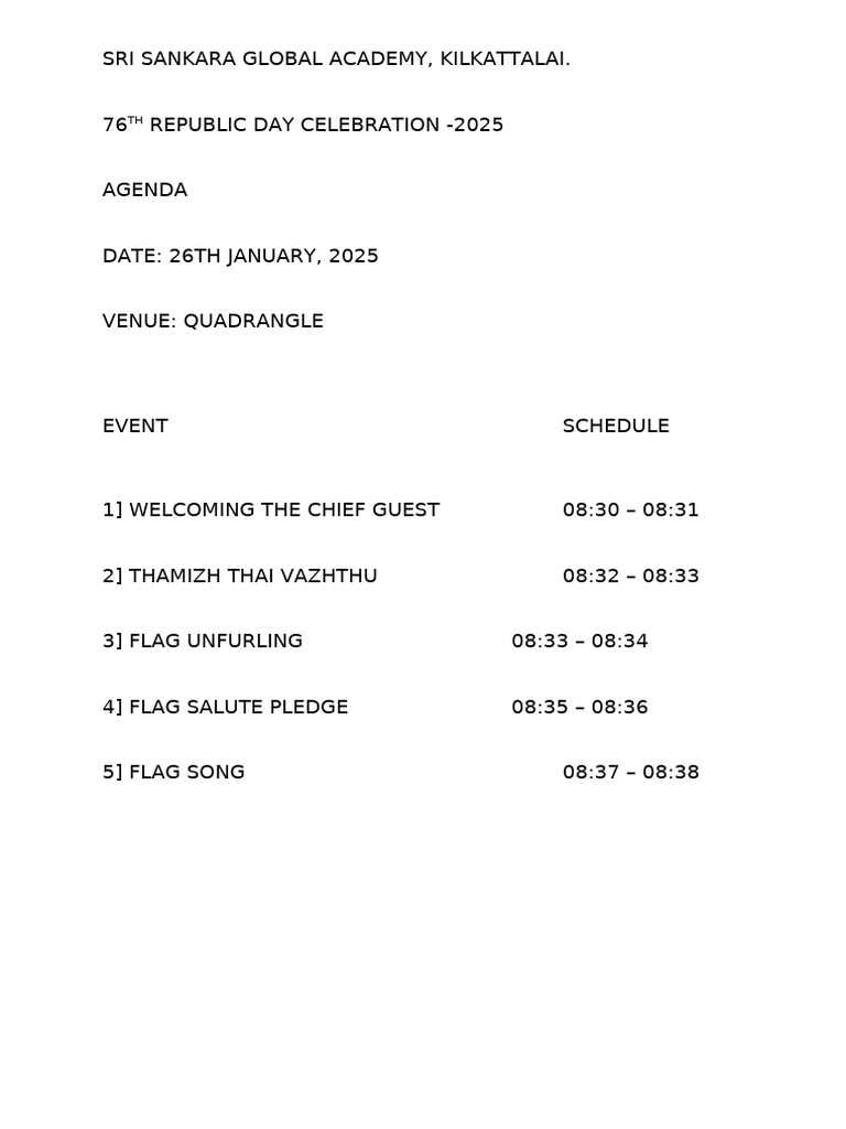 76th Republic Day Celebration Agenda | PDF