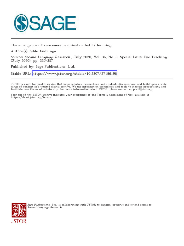 Andringa Emergenceawarenessuninstructed 2020 | PDF | Second Language Acquisition | Learning