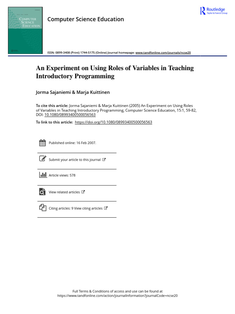 An Experiment on Using Roles of Variables in Teaching Introductory Programming | PDF | Learning ...