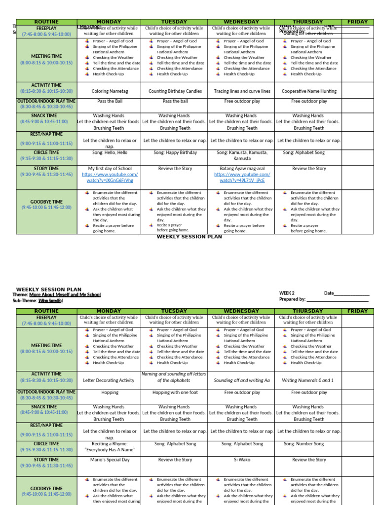 Weekly Session Plan for Preschool Activities | PDF