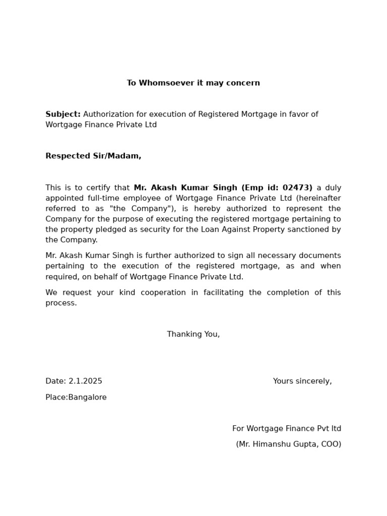 Authorisation Letter To Execute RM | PDF