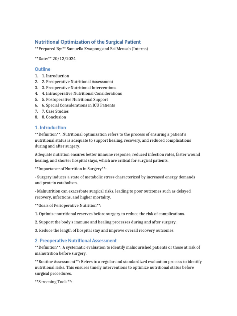 Detailed Nutritional Optimization Surgical Patient | PDF | Surgery | Malnutrition