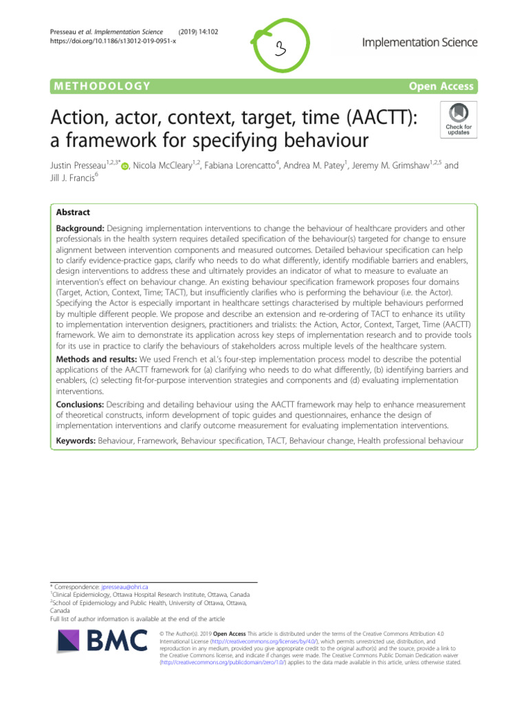 Action, Actor, Context, Target, Time (AACTT) : A Framework For Specifying Behaviour | PDF ...