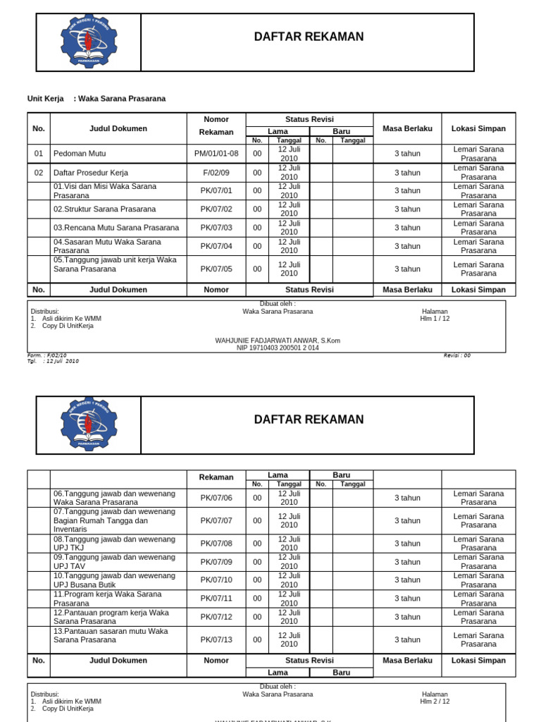Daftar Rekaman Sarpras | PDF