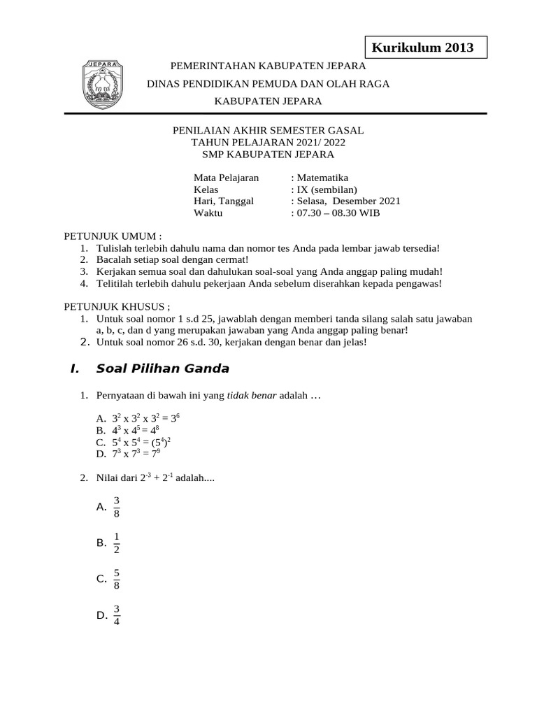 Soal Pas 1 2021-2022 KLS 9 - Fix | PDF