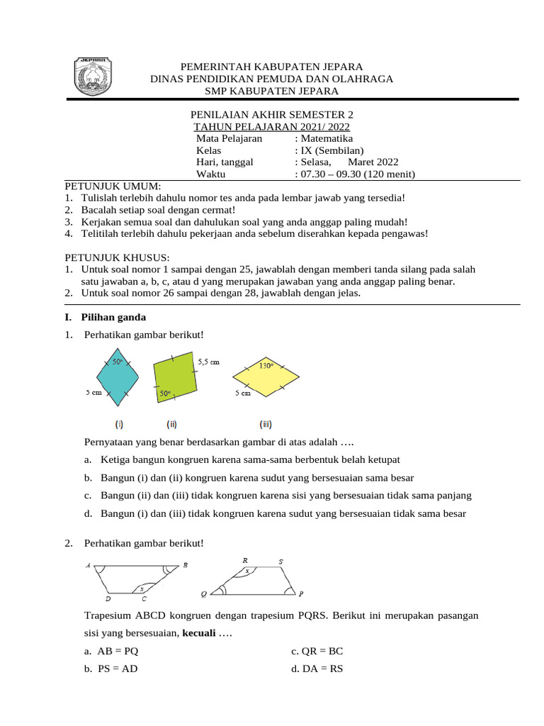 Soal MATEMATIKA PAS 2 Kls 9 2021 2022 | PDF