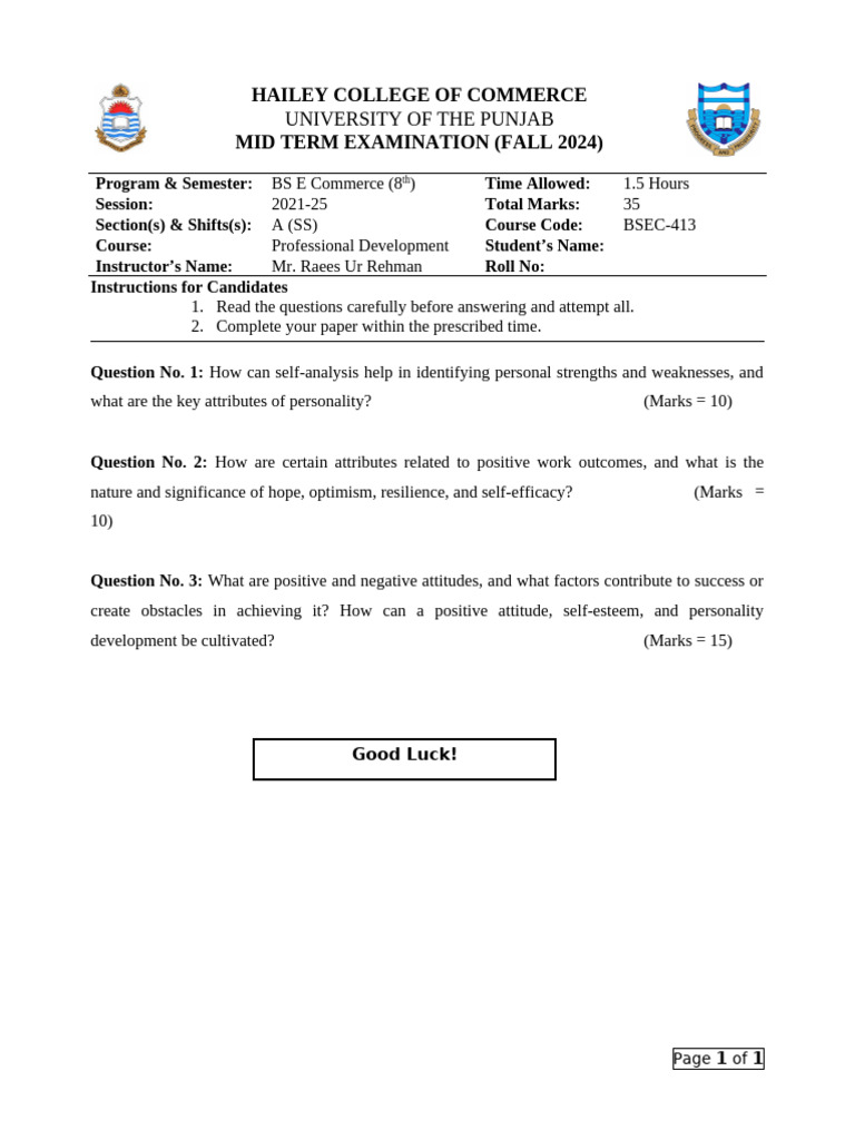 Question Paper Templet - Mids(2) | PDF