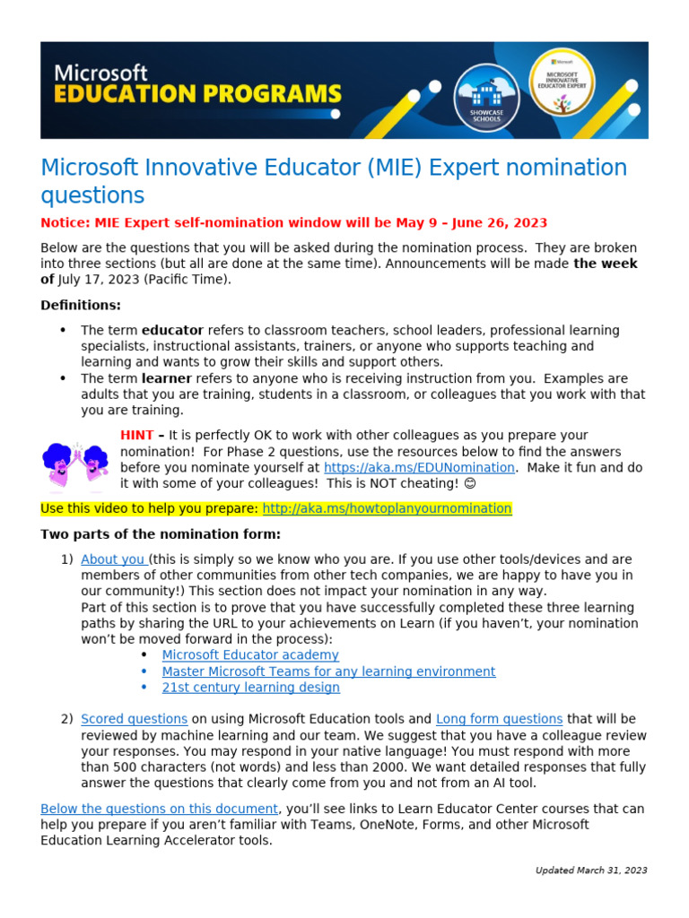 Preparing For Your MIE Expert Nomination 2023-2024 | PDF | Learning | Teachers