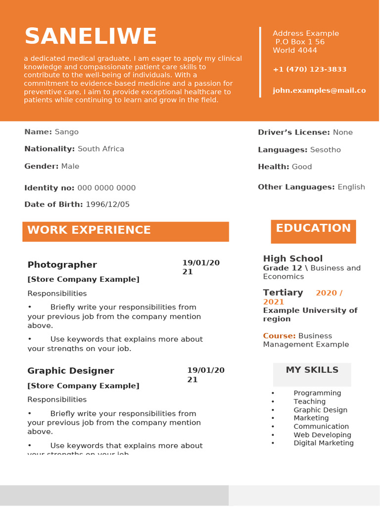 South African CV Template Example | PDF | Health Care | Health Sciences