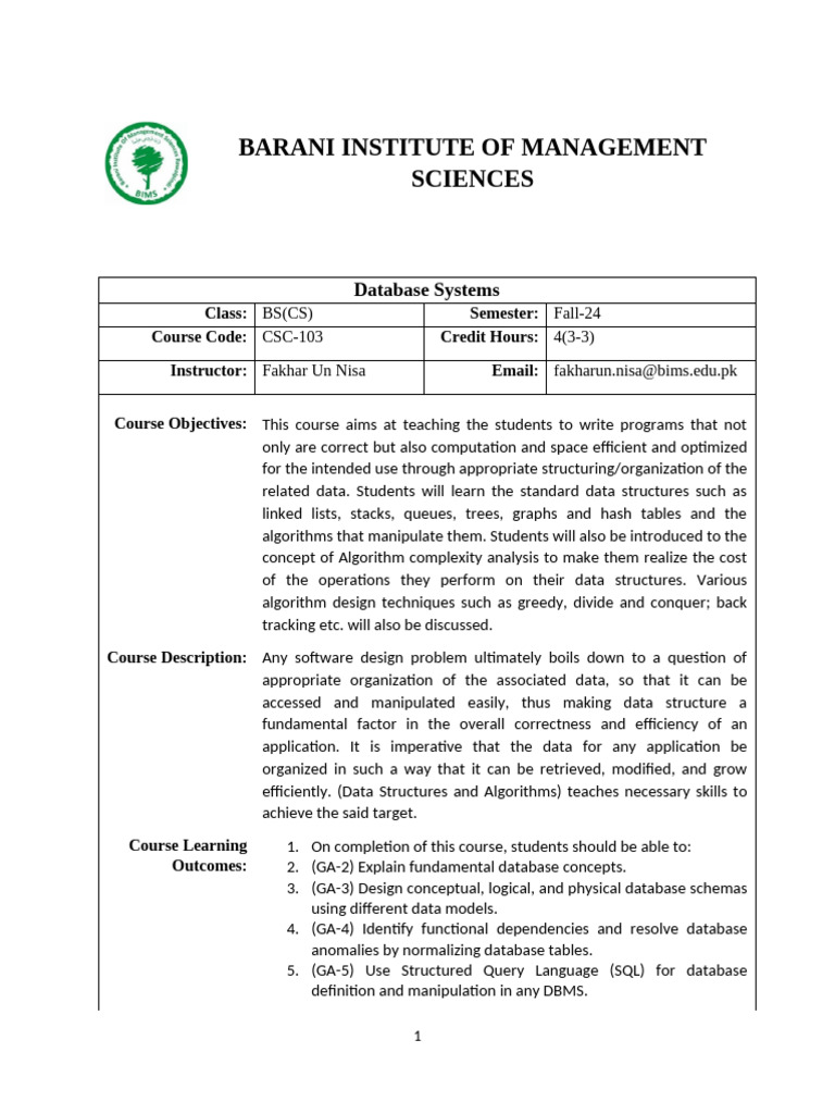 DB Course Outline CSC-103 | PDF | Relational Model | Databases
