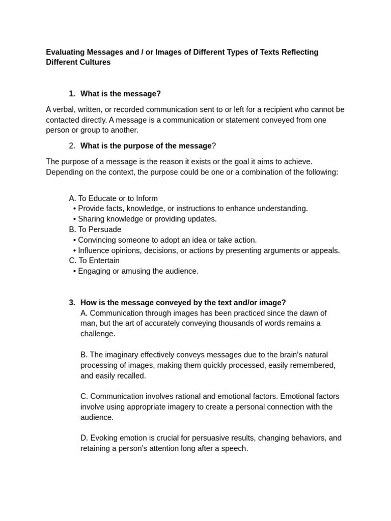 Evaluating Messages and Images of Different Types of Texts Reflecting Different Cultures | PDF ...