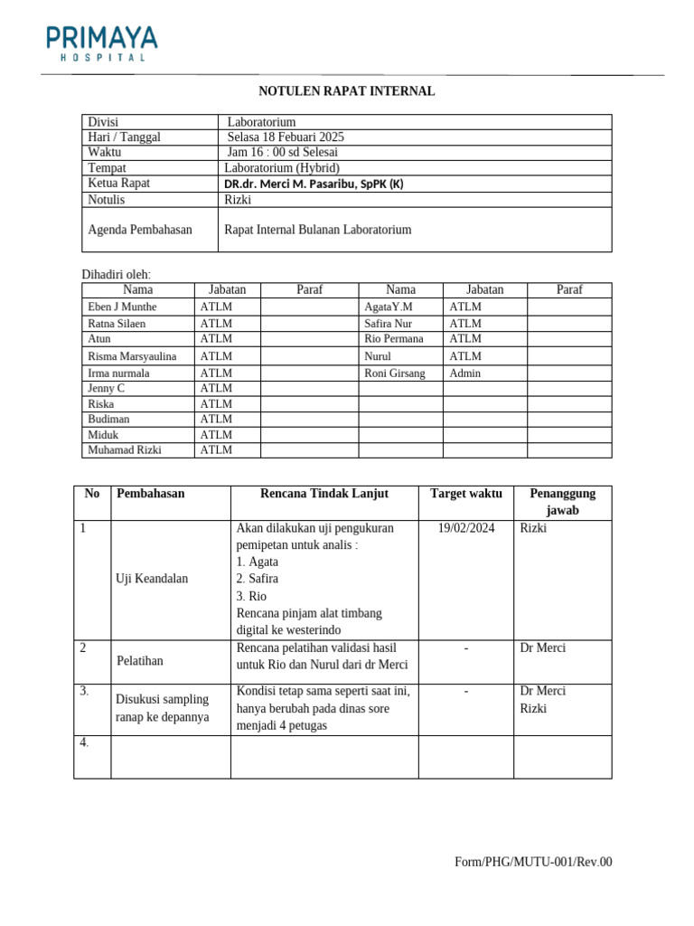 Template Notulen Meeting Internal Primaya (1) | PDF