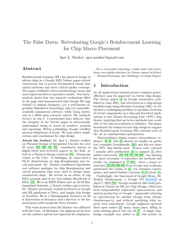 Markov - 2024 - The False Dawn Reevaluating Google's Reinforcement Learning For Chip Macro ...
