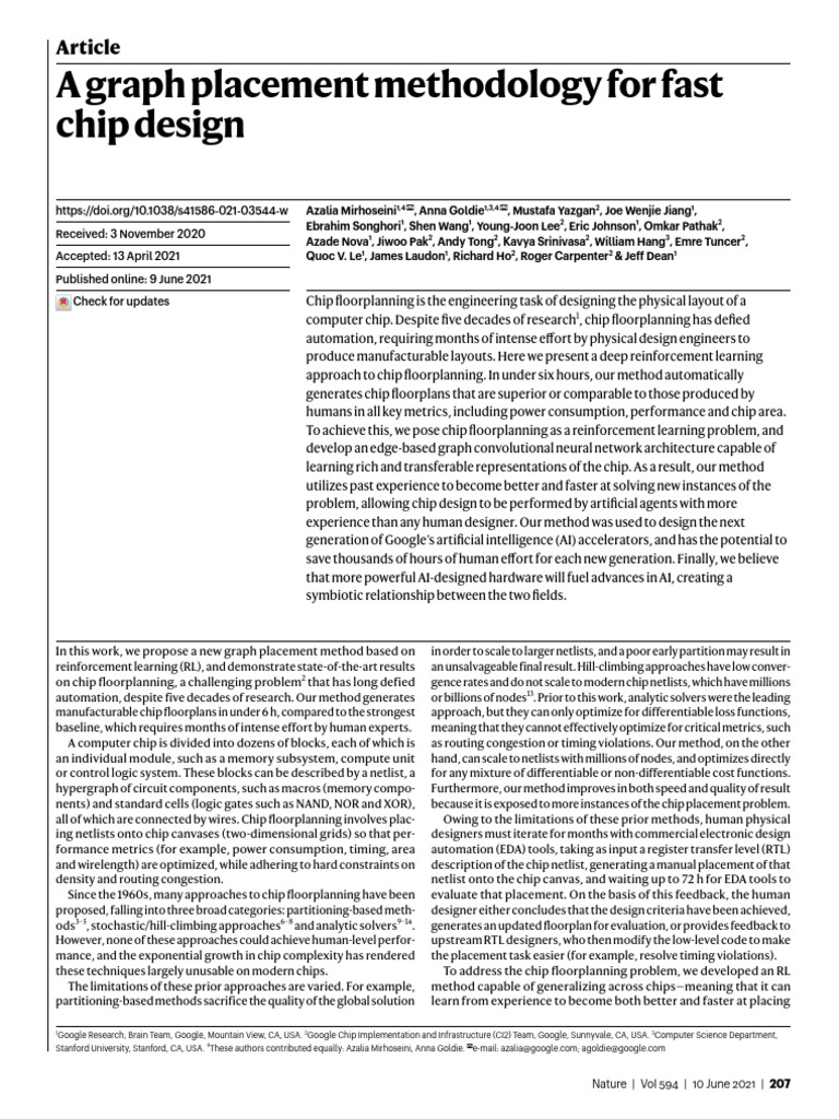 Mirhoseini Et Al. - 2021 - A Graph Placement Methodology For Fast Chip ...