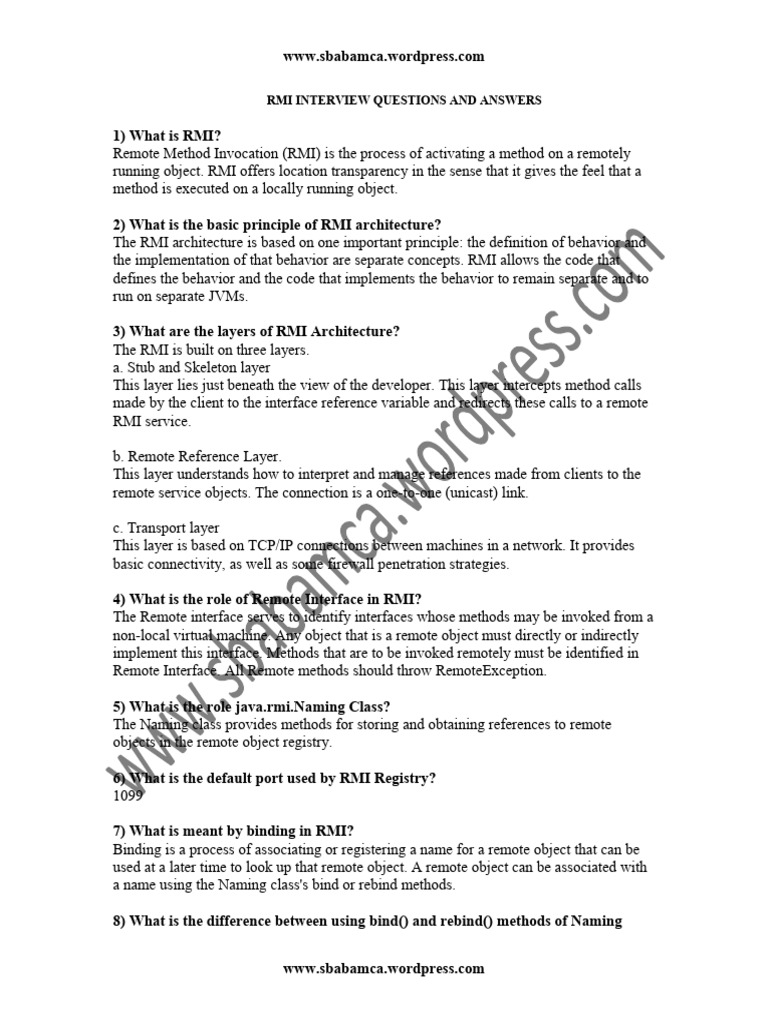 RMI INTERVIEW QUESTIONS AND ANSWERS | PDF | Interface (Computing) | Programming Paradigms