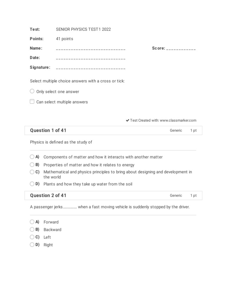 ClassMarker - Professional Online Testing | PDF | Velocity | Acceleration