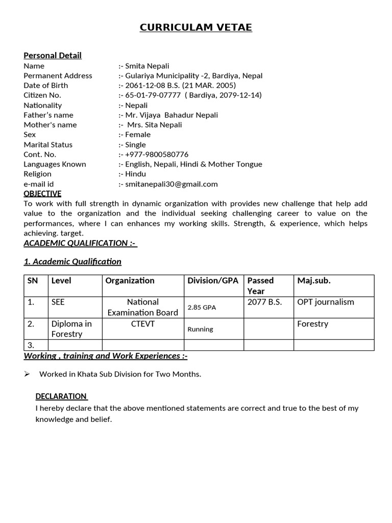 Smita Nepali's CV and Career Objective | PDF