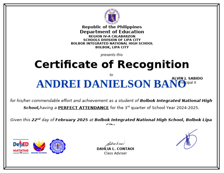 DepEd-Matatag-Certificate-Perfect Attendance Short | PDF