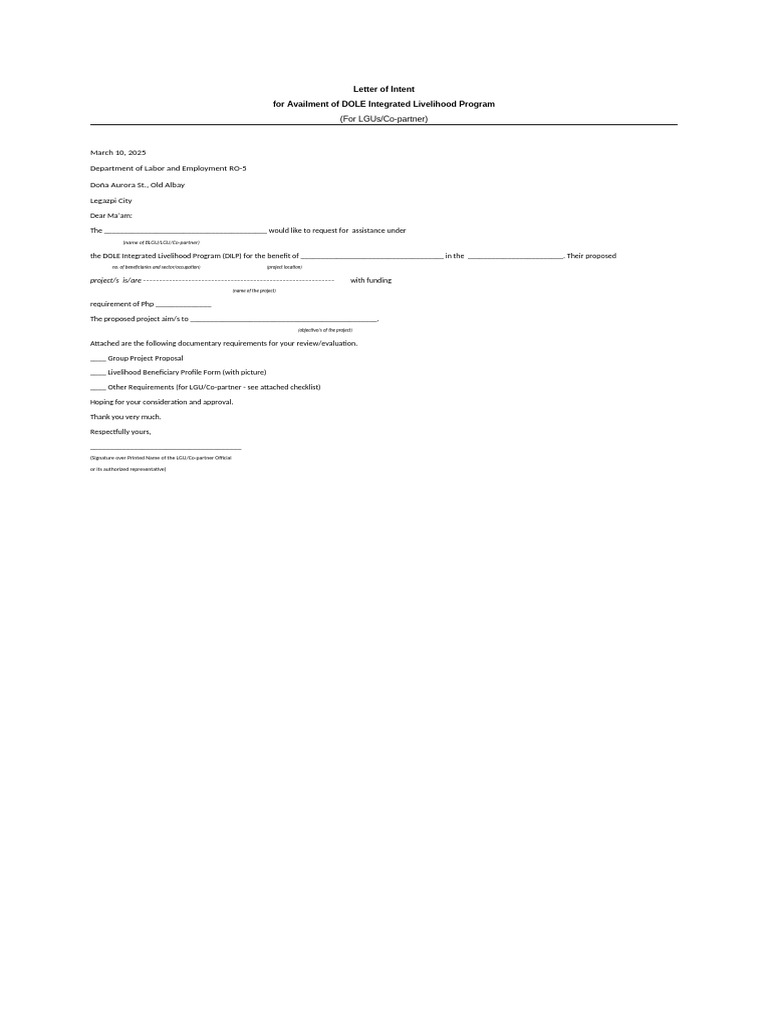 Annex Q - Letter of Intent For Availment of DILP (For LGUs Co-Partner ...