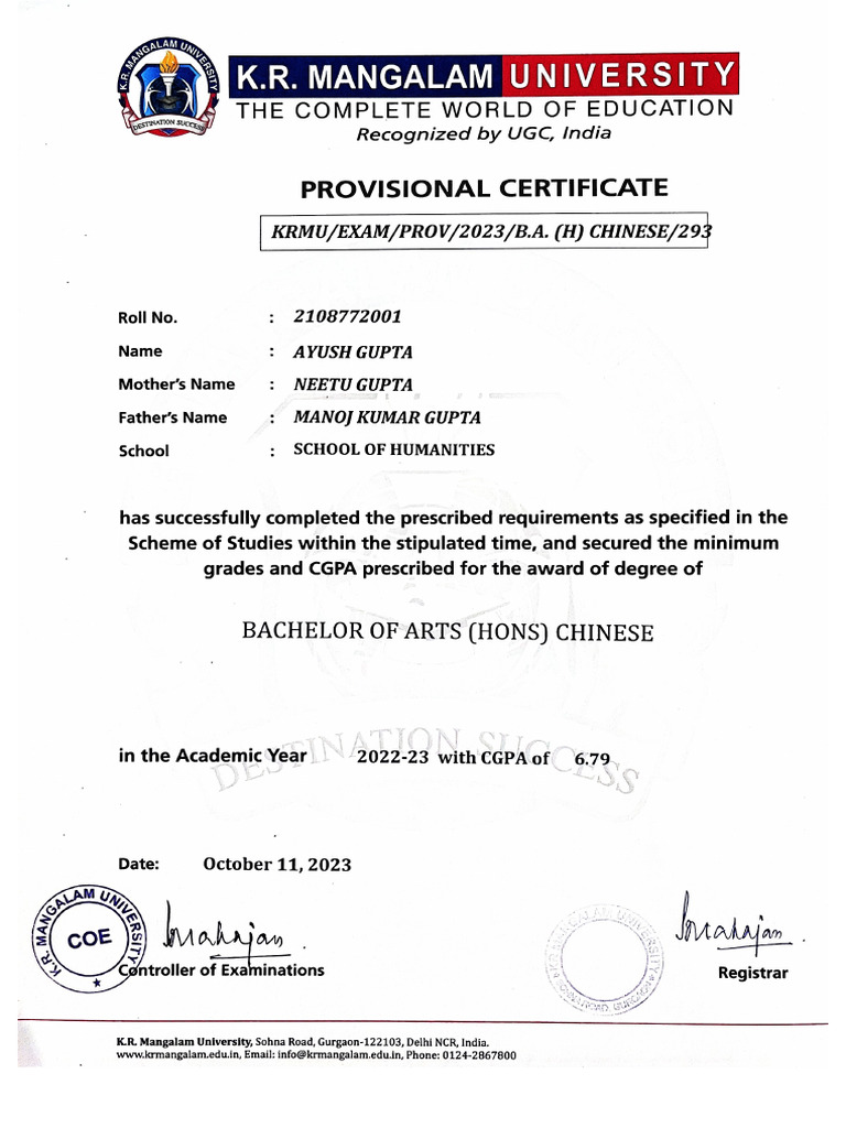 Ayush Gupta Provisional Certificate | PDF