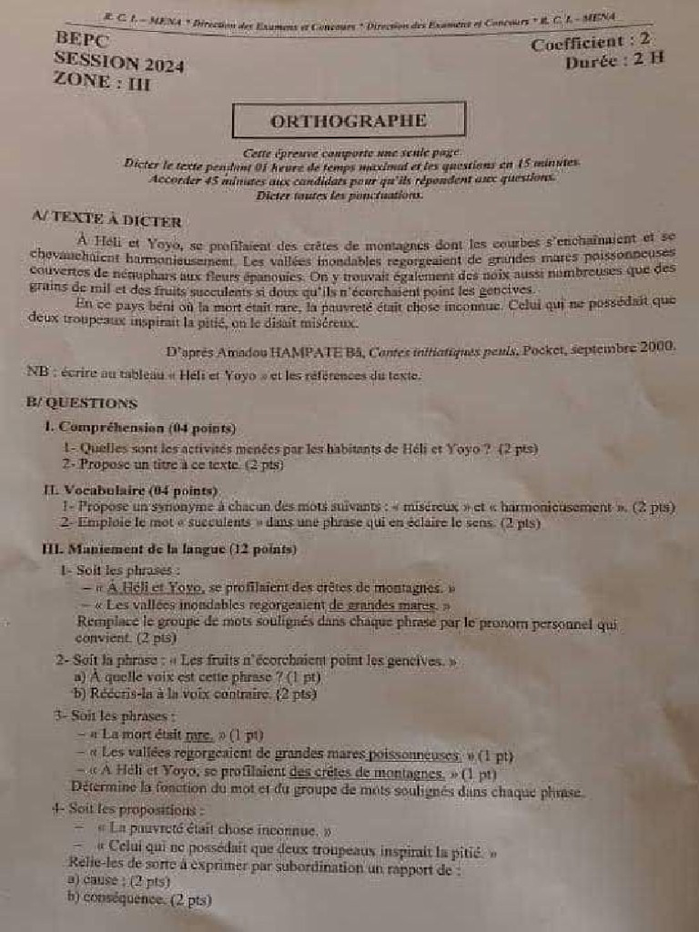 Sujet Bepc 2024 Orthographe Zone 3 | PDF