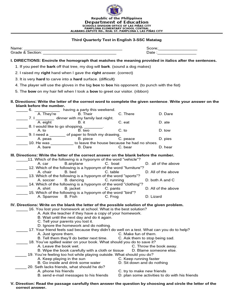 Third Quarterly English Test for Grade 3 | PDF | Pizza