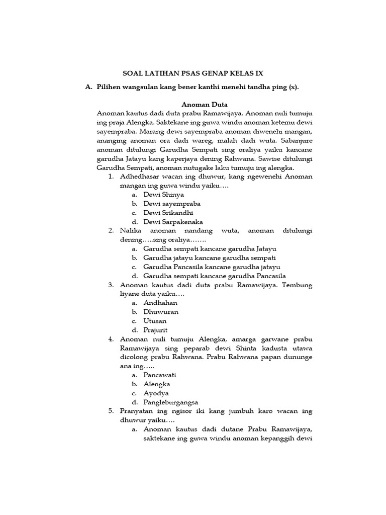 Soal Latihan Psas Genap Kelas Ix Bahasa Jawa | PDF