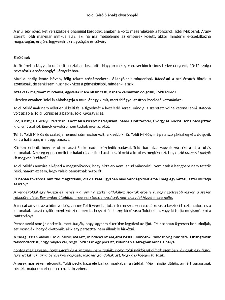 Toldi Olvasónapló (Első 6 Ének) | PDF