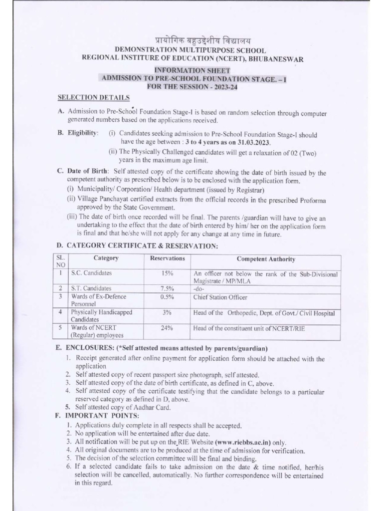 Information Sheet For Fs-I Admission For The Session 2023-24 | PDF