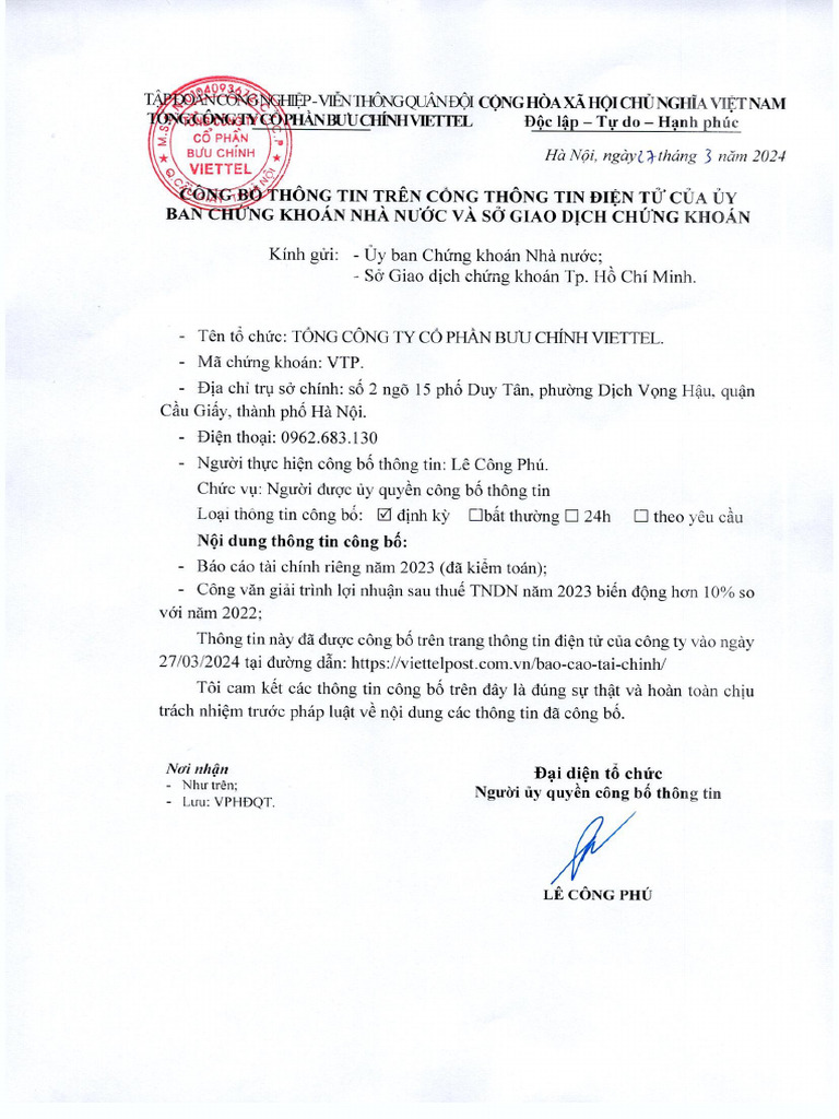 VTP - BCTC Nam 2023 Rieng | PDF