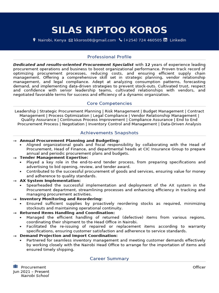 SILAS KIPTOO KOROS_CV_2023 (3) | PDF | Procurement | Inventory