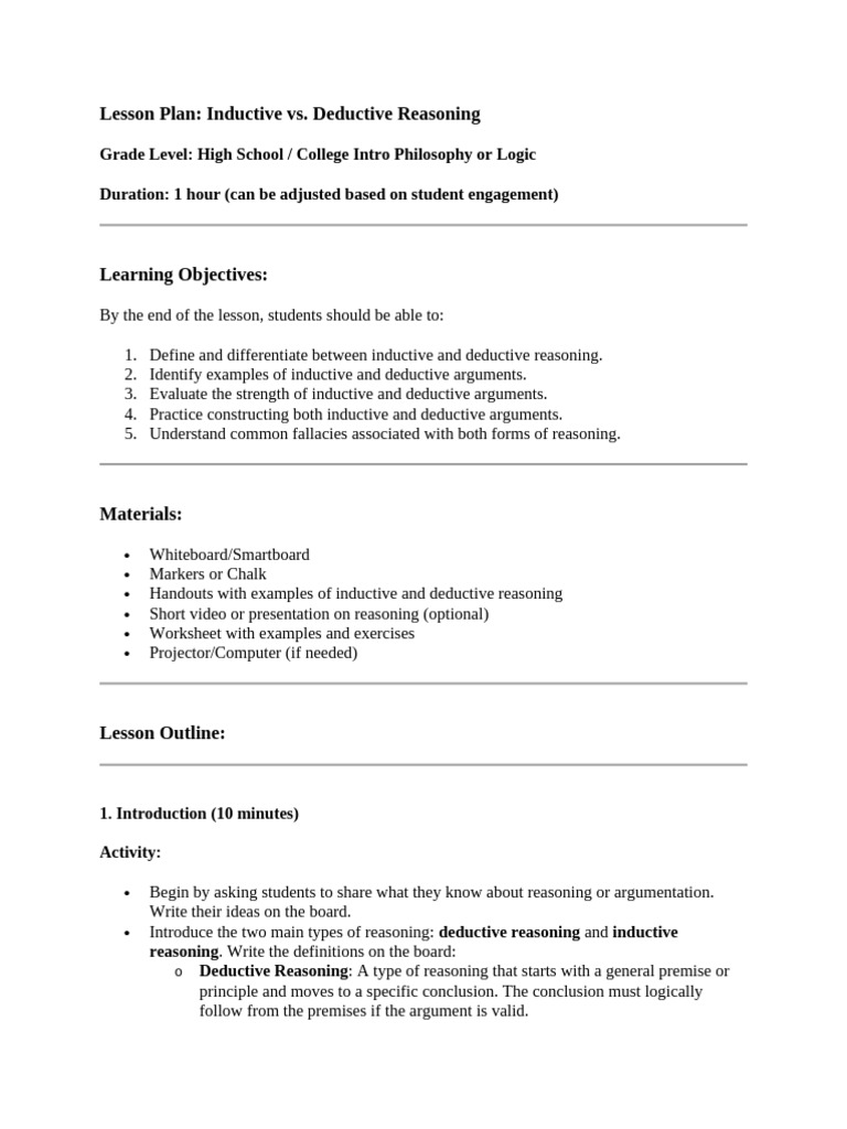 Lesson Plan Deductive and Inductive Reasoning | PDF | Argument ...