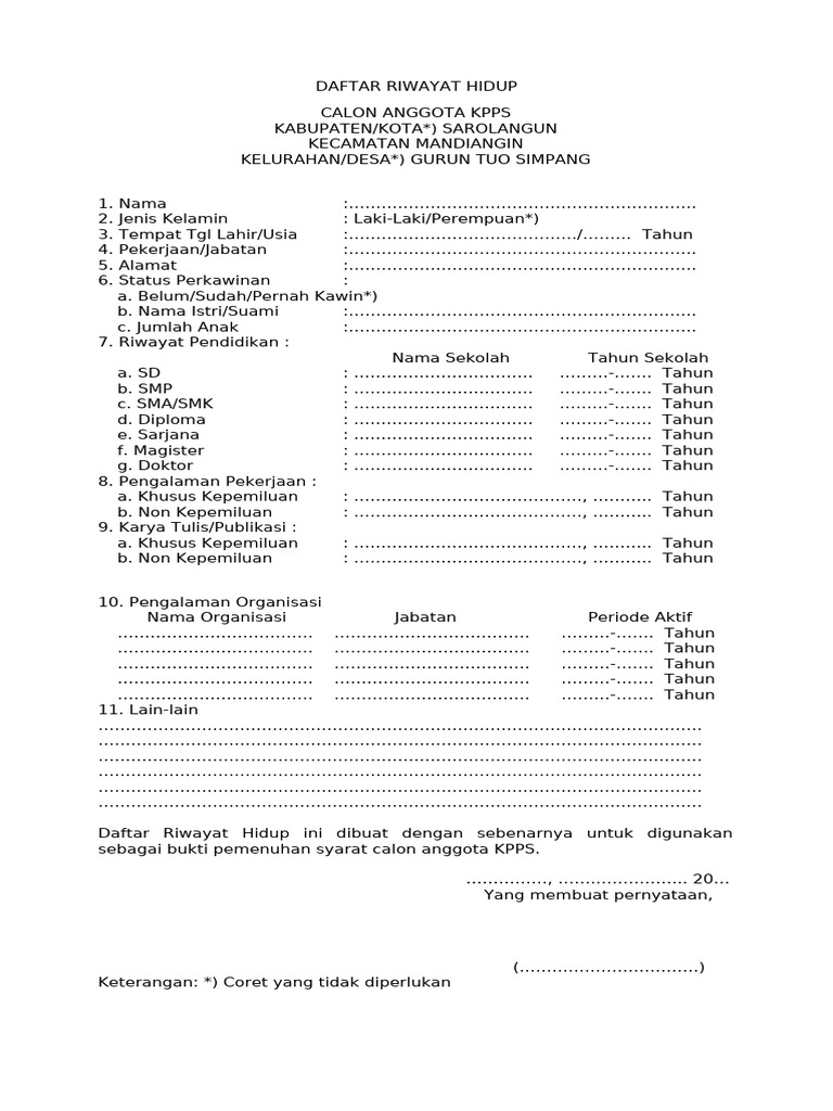 Daftar Riwayat Hidup KPPS | PDF