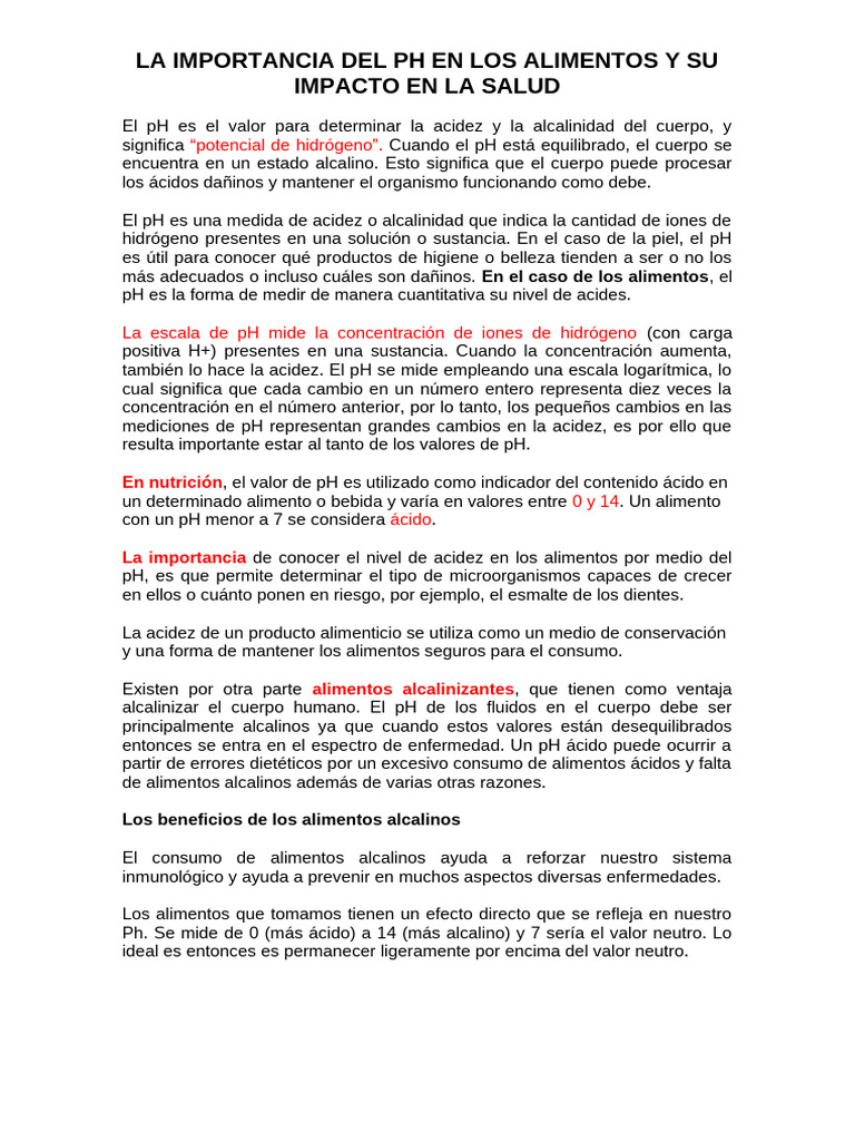 La Importancia Del PH en Los Alimentos y Su Impacto en La Salud | PDF | Ph | Alimentos