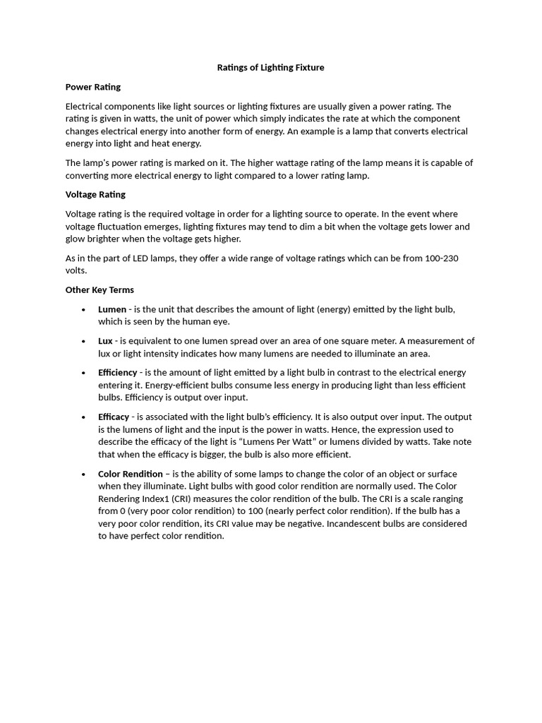 Ratings of Lighting Fixture | PDF