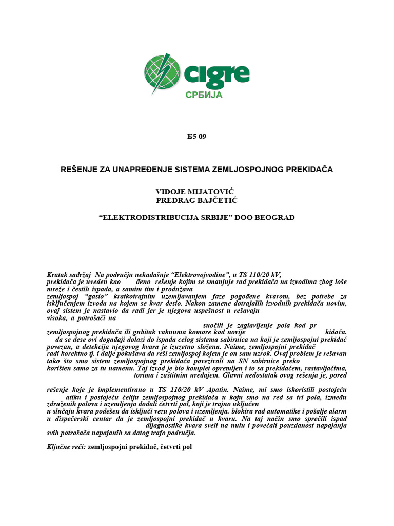 б5 09 115 - vidoje Mijatovic - predrag Bajcetic - resenje Za Unapredjenje Sistema Zemljospojnog ...