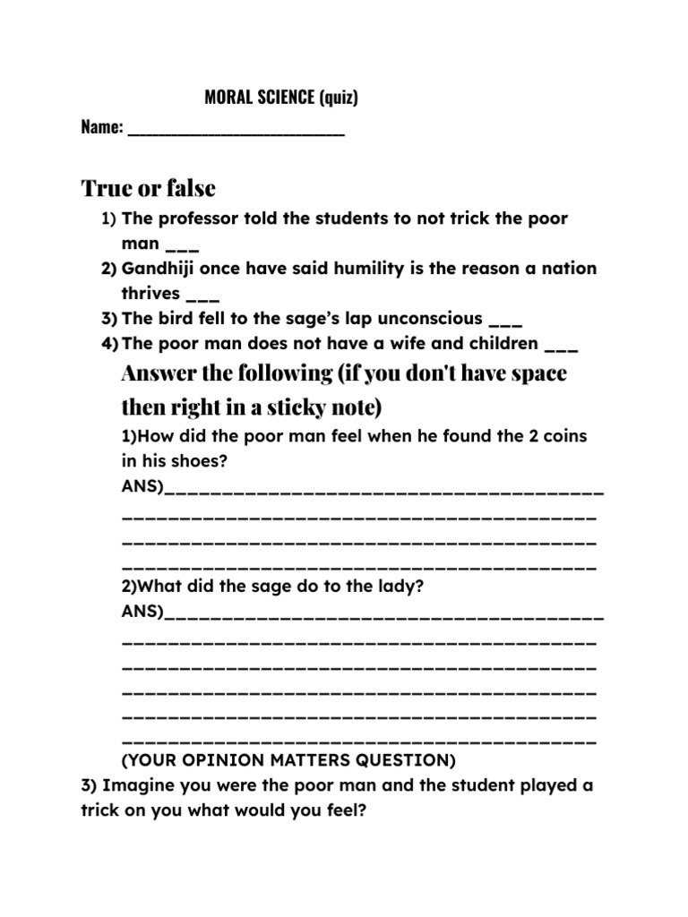 Moral Science Quiz Instructions | PDF
