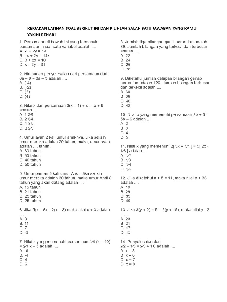 Latihan Soal PLSV Kelas 7 Carissa | PDF