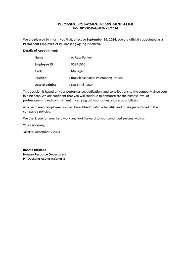 Permanent Employment Appointment Letter | PDF
