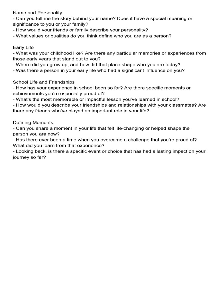 Life Story Reflection Questions | PDF