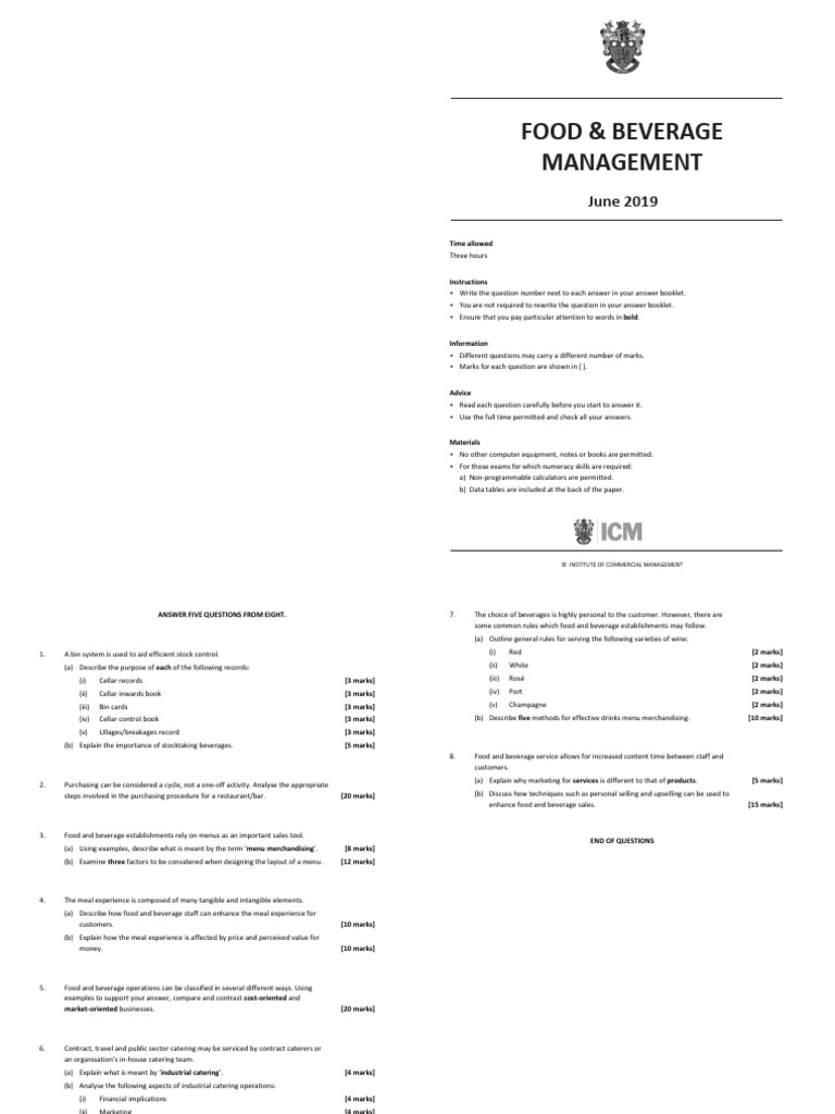 Food & Beverage Management Exam Guide | PDF | Menu | Foodservice